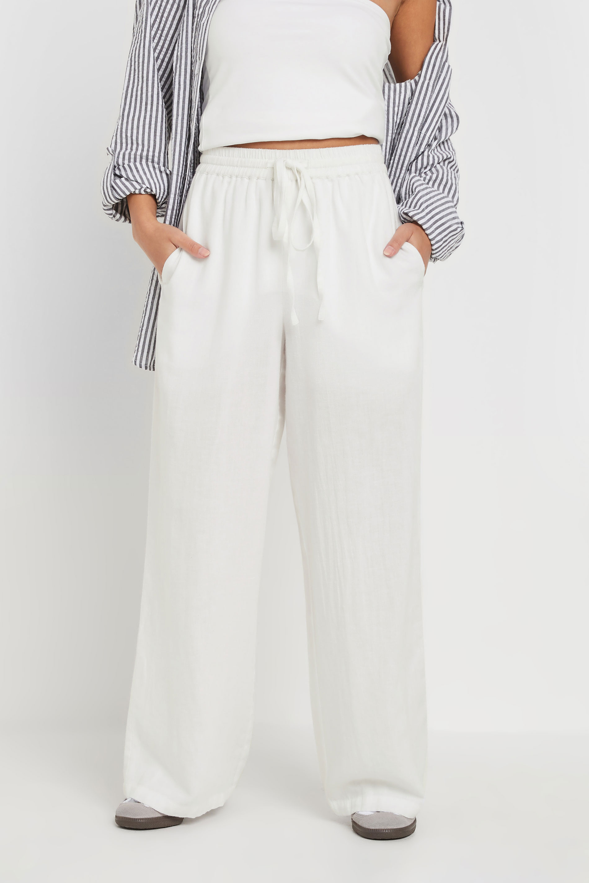 PixieGirl Petite Women's White Linen Drawstring Wide Leg Trousers ...