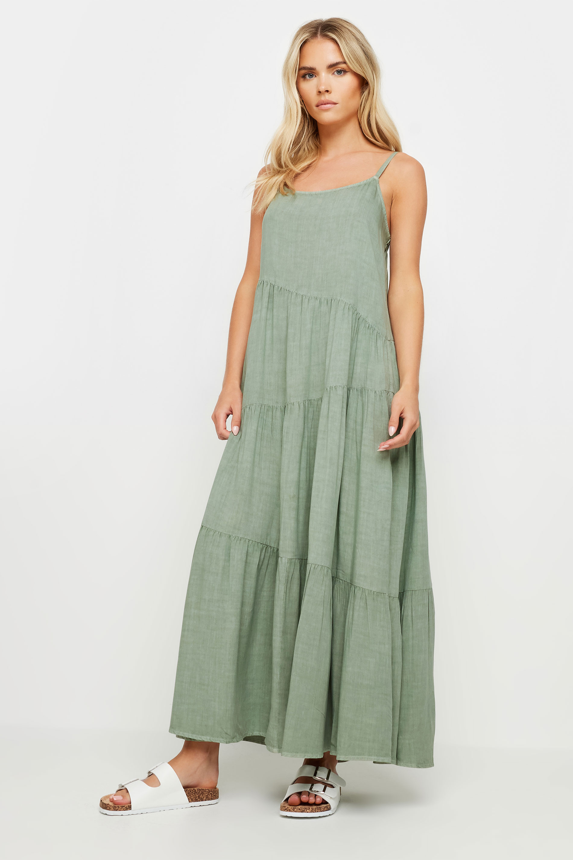 PixieGirl Petite Women's Sage Green Asymmetric Tiered Maxi Dress | PixieGirl