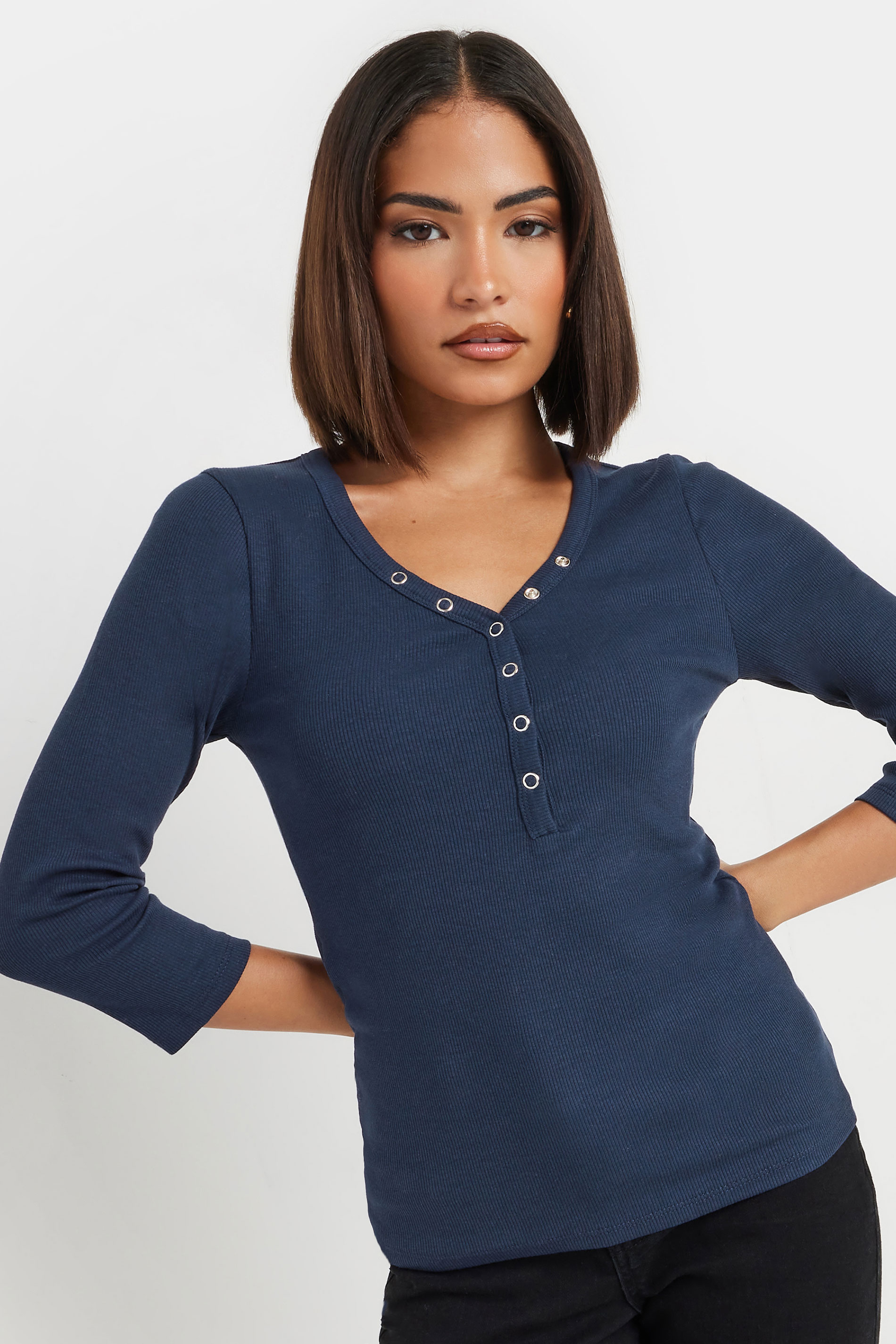 PixieGirl Petite Women's Navy Blue Button Henley Top | PixieGirl