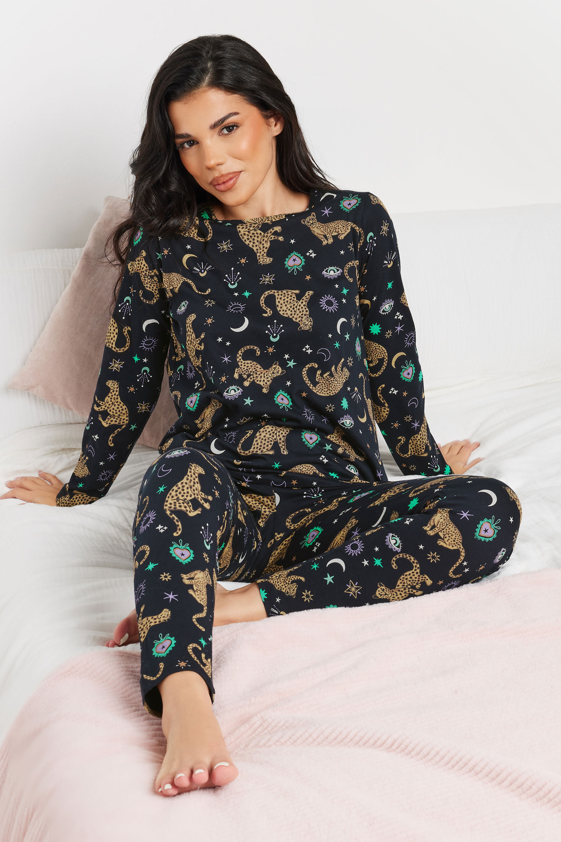 PixieGirl Petite Women's Navy Blue Leopard Graphic Pyjama Set | PixieGirl