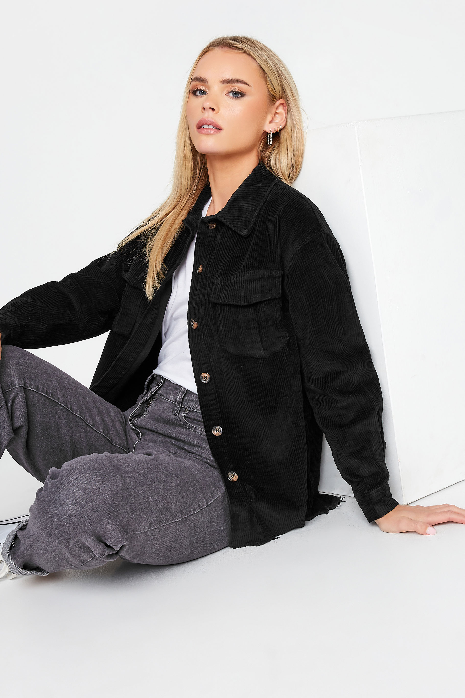 Petite Black Distressed Cord Shacket | PixieGirl