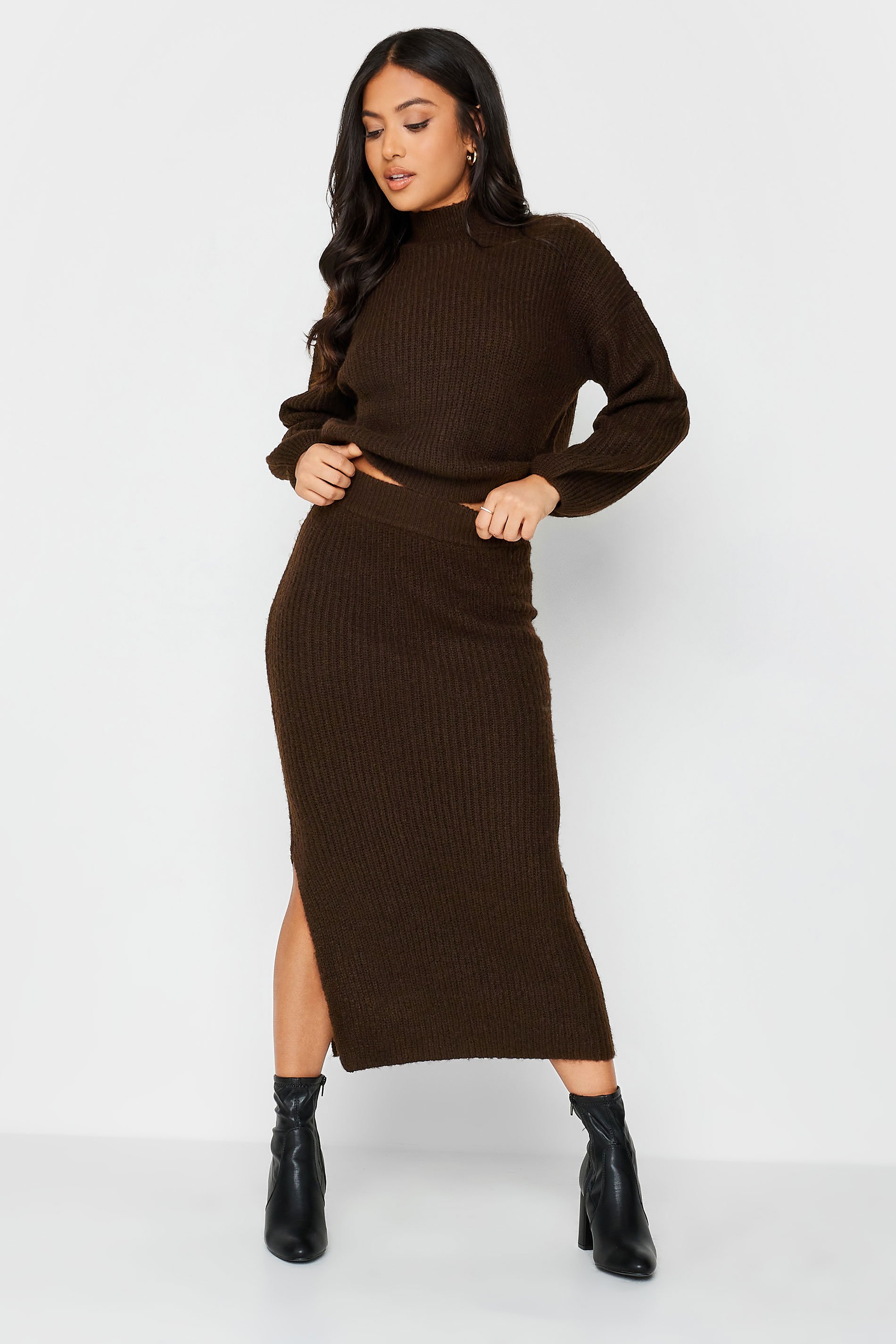 PixieGirl Petite Womens Brown Funnel Neck Jumper | PixieGirl
