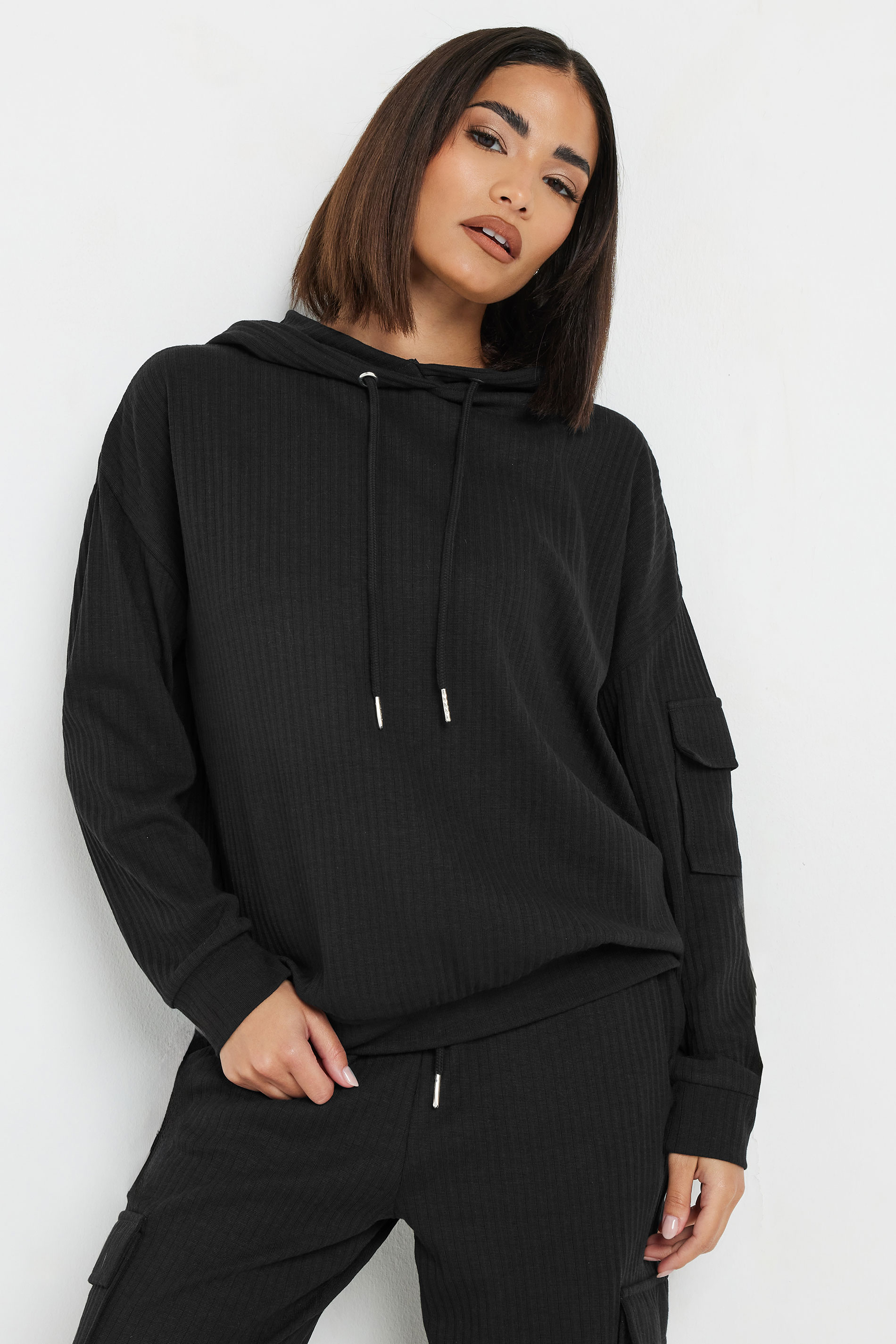 PixieGirl Petite Women's Black Ribbed Cargo Pocket Hoodie | PixieGirl