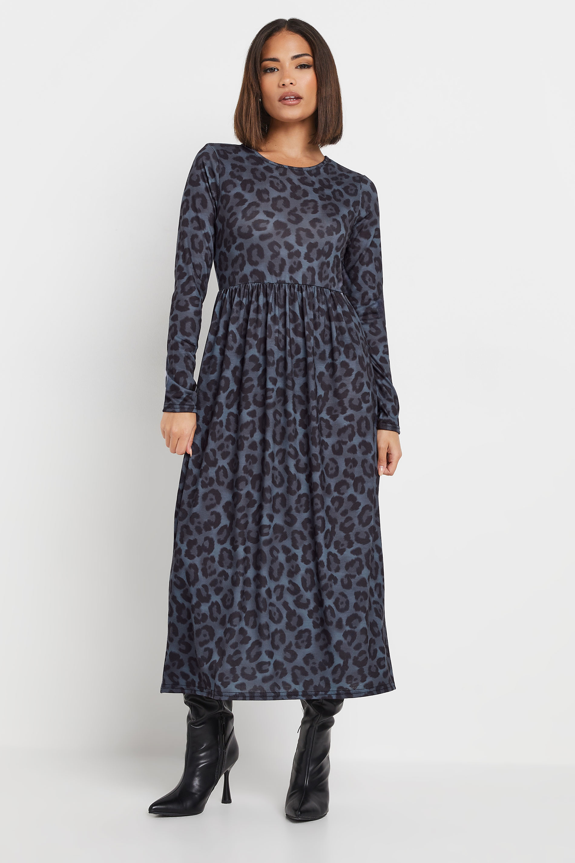 PixieGirl Petite Women's Navy Blue Leopard Print Smock Dress | PixieGirl