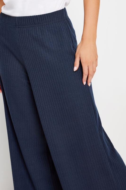PixieGirl Petite Womens Navy Blue Ribbed Wide Leg Trousers | PixieGirl
