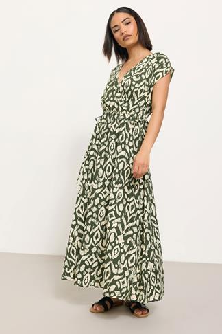 PixieGirl Petite Women's Khaki Green Abstract Drawstring Wrap Maxi ...