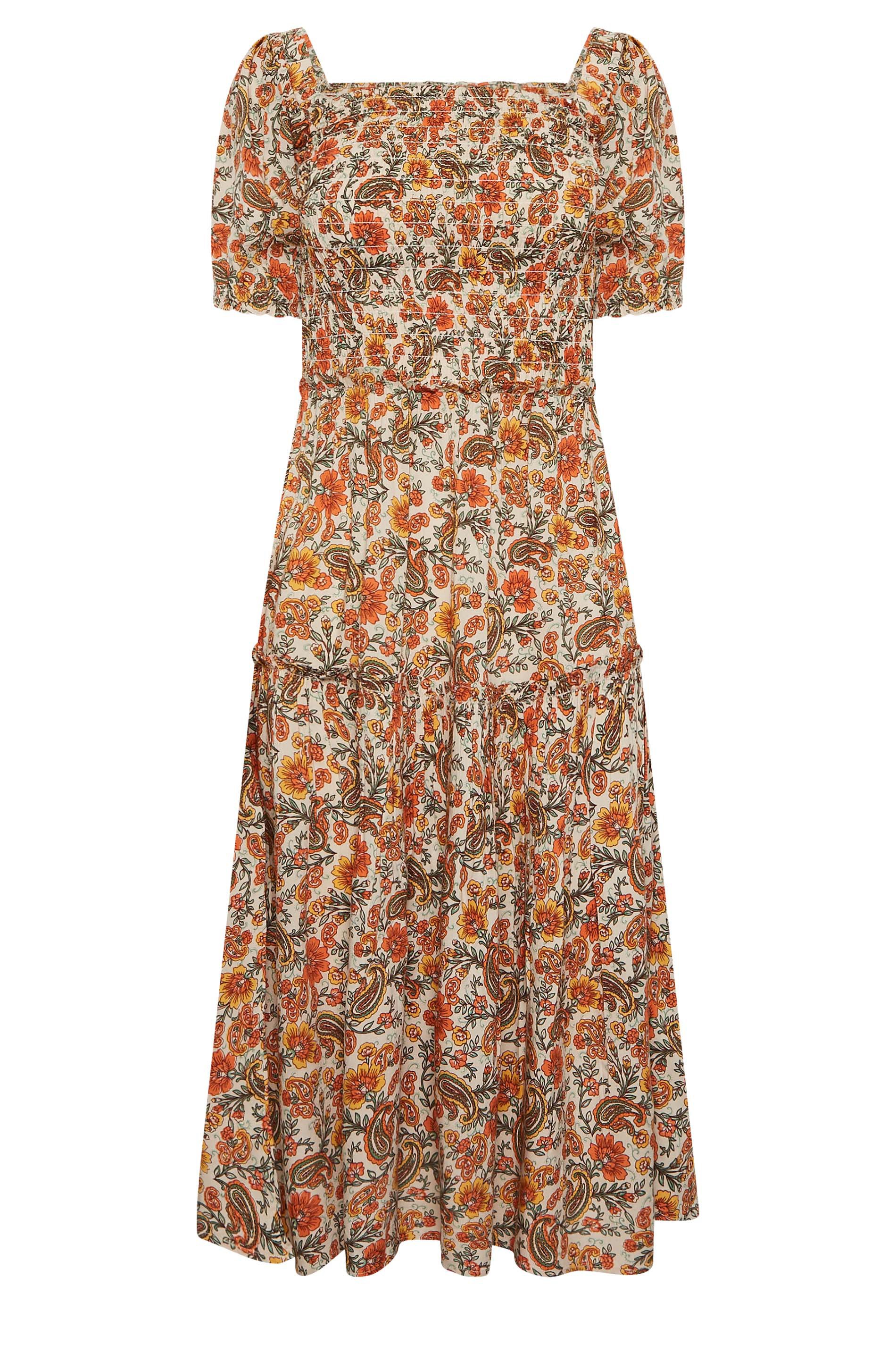 Petite Orange Paisley Shirred Midaxi Dress | PixieGirl
