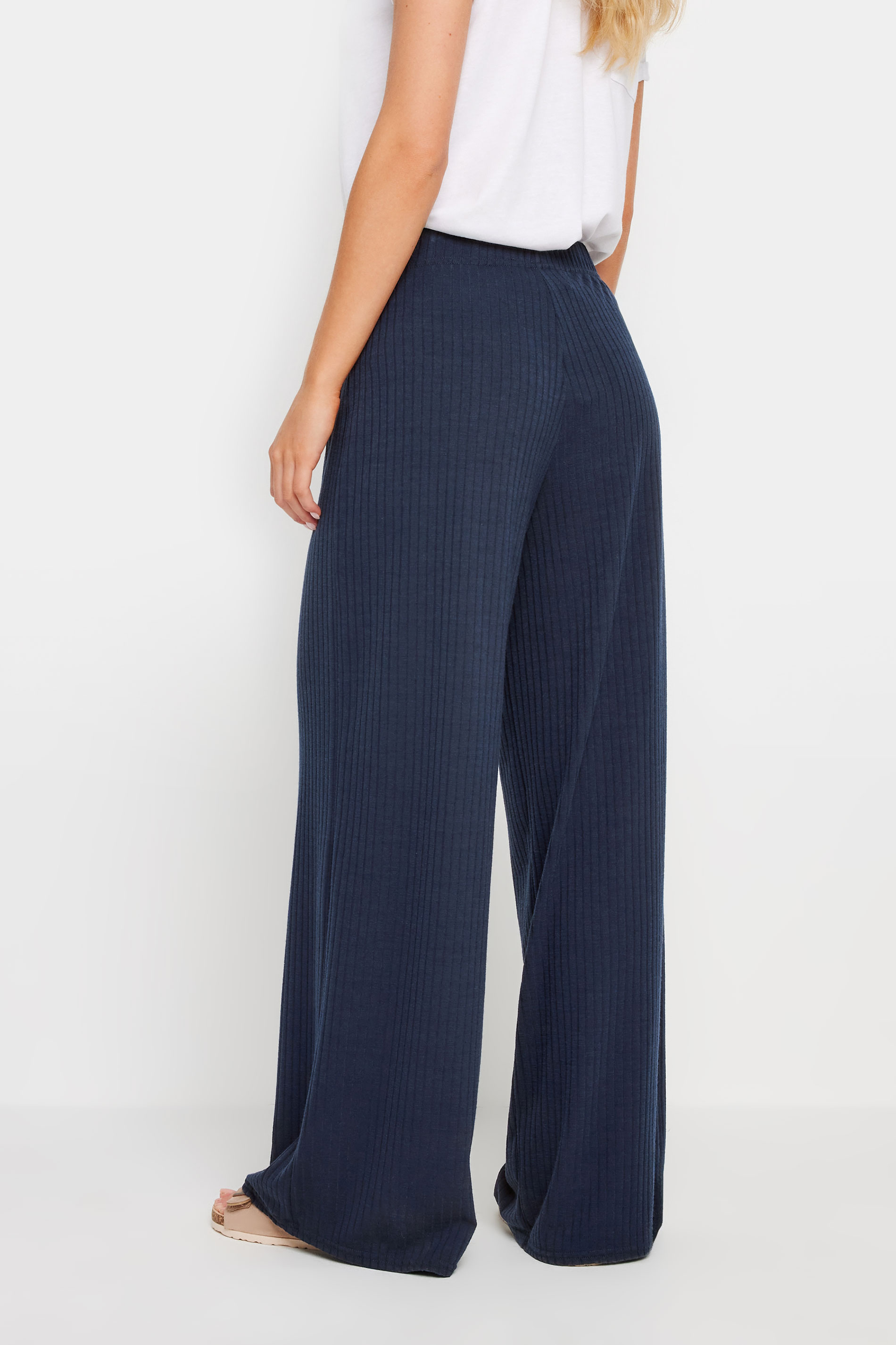 PixieGirl Petite Womens Navy Blue Ribbed Wide Leg Trousers | PixieGirl