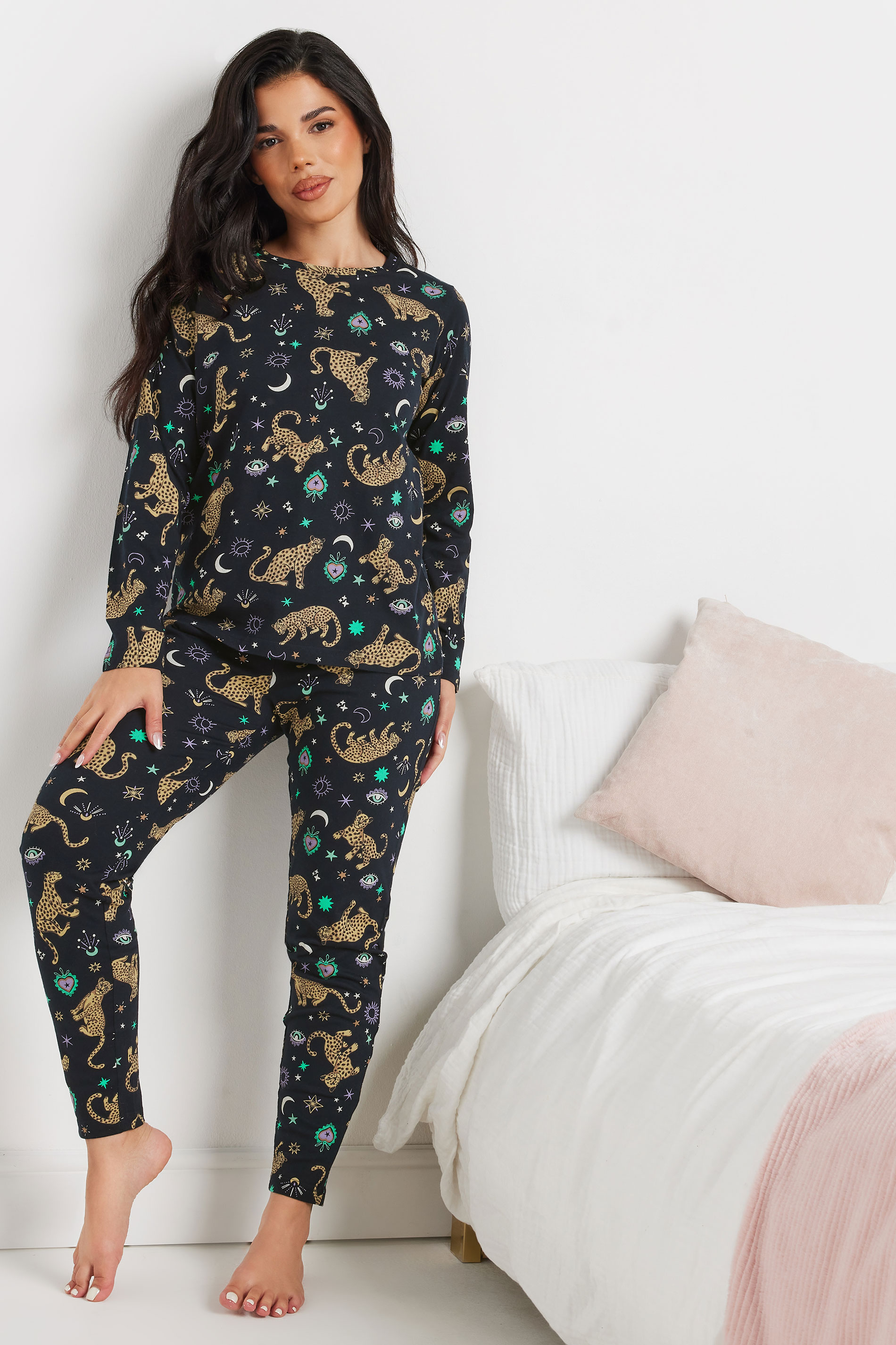 PixieGirl Petite Women's Navy Blue Leopard Graphic Pyjama Set | PixieGirl