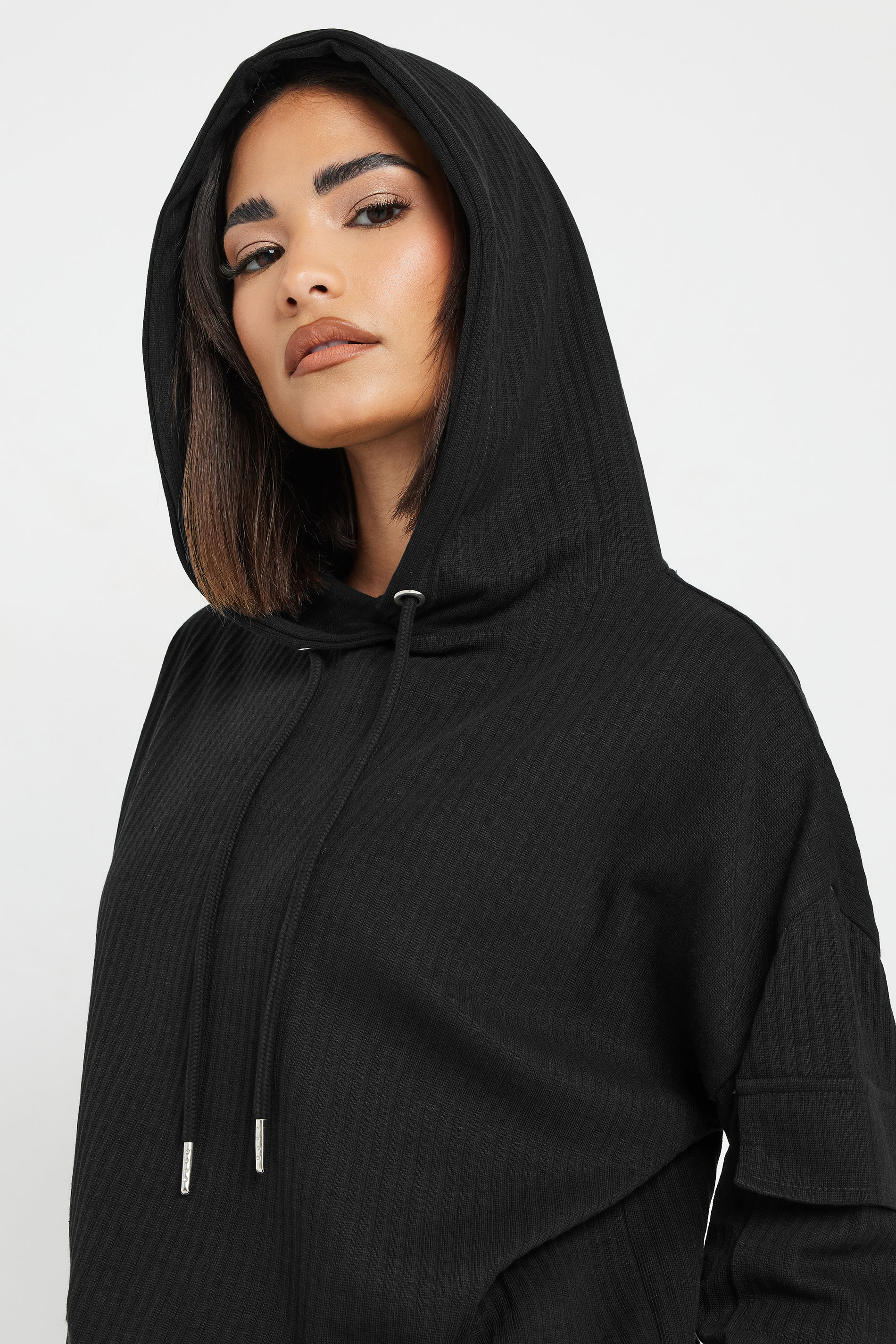 PixieGirl Petite Women's Black Ribbed Cargo Pocket Hoodie | PixieGirl